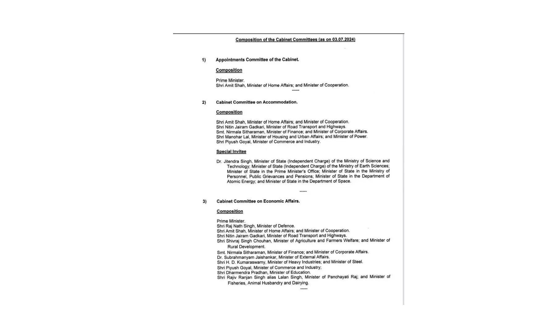 Centre forms many Cabinet Committees