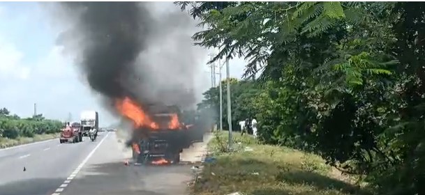 Bolero Vehicle Catches Fire in Choutuppal